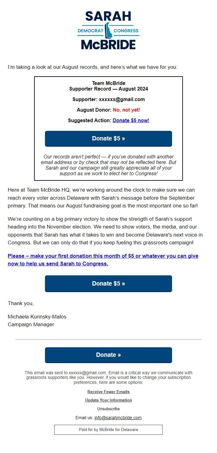 Subject: Can you look at your August record? - Archive of Political Emails